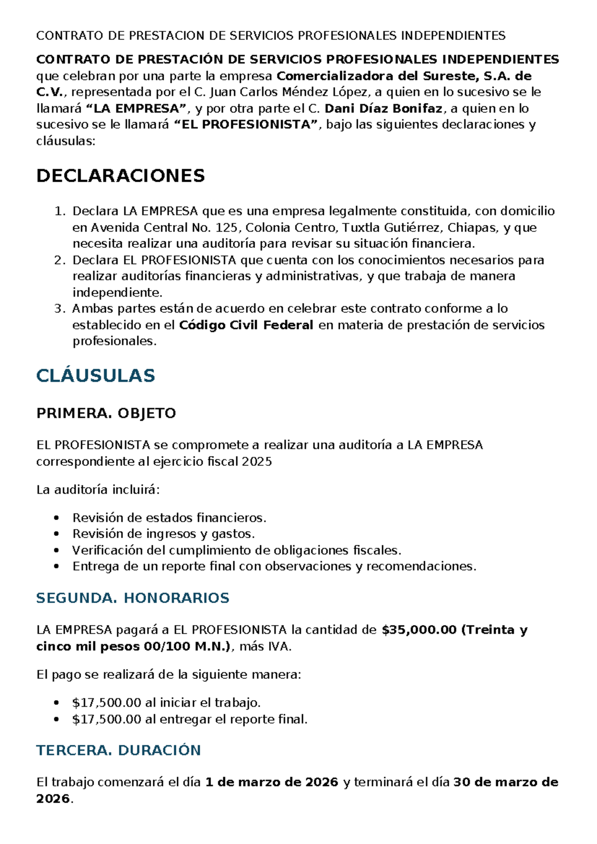 Contrato de Prestación de Servicios Profesionales 2025 - Studocu