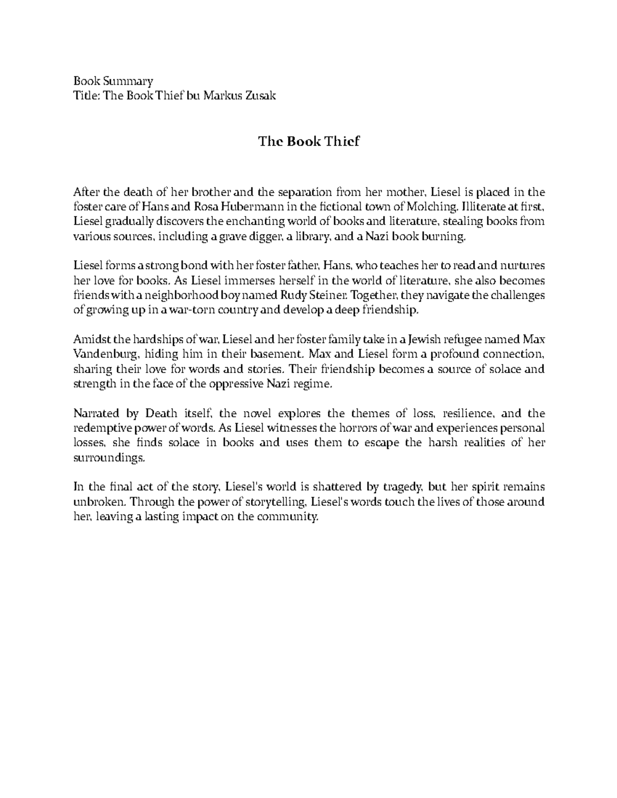 Book Summary - The Book Thief - Book Summary Title: The Book Thief bu ...