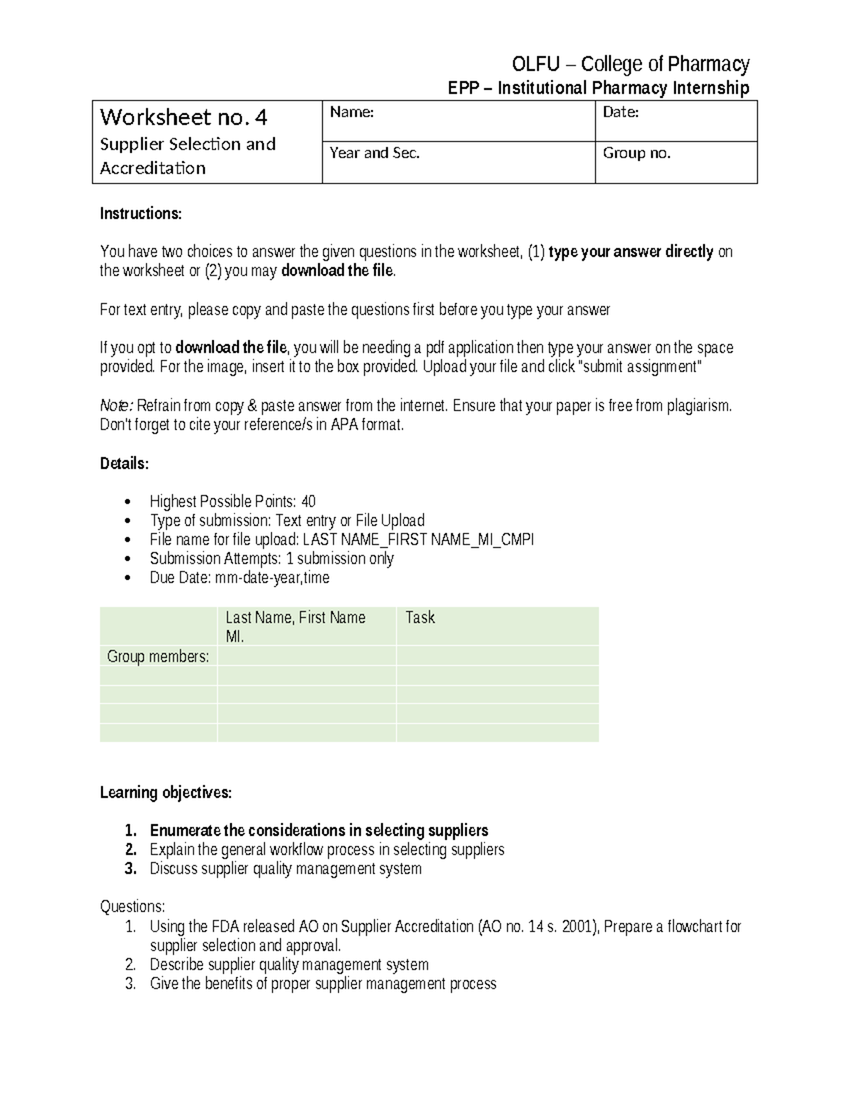 EPP - Institutional Pharmacy Internship Worksheet No. 4: Supplier ...