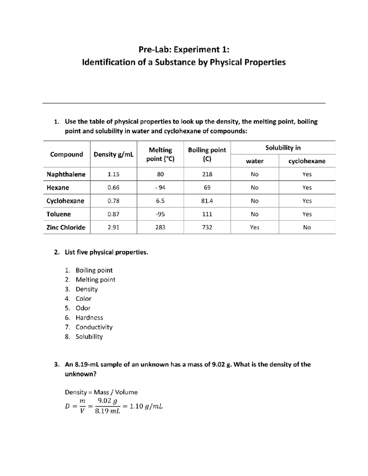 Solved Pre-Lab on Substance Identification by Physical Properties (CHEM ...