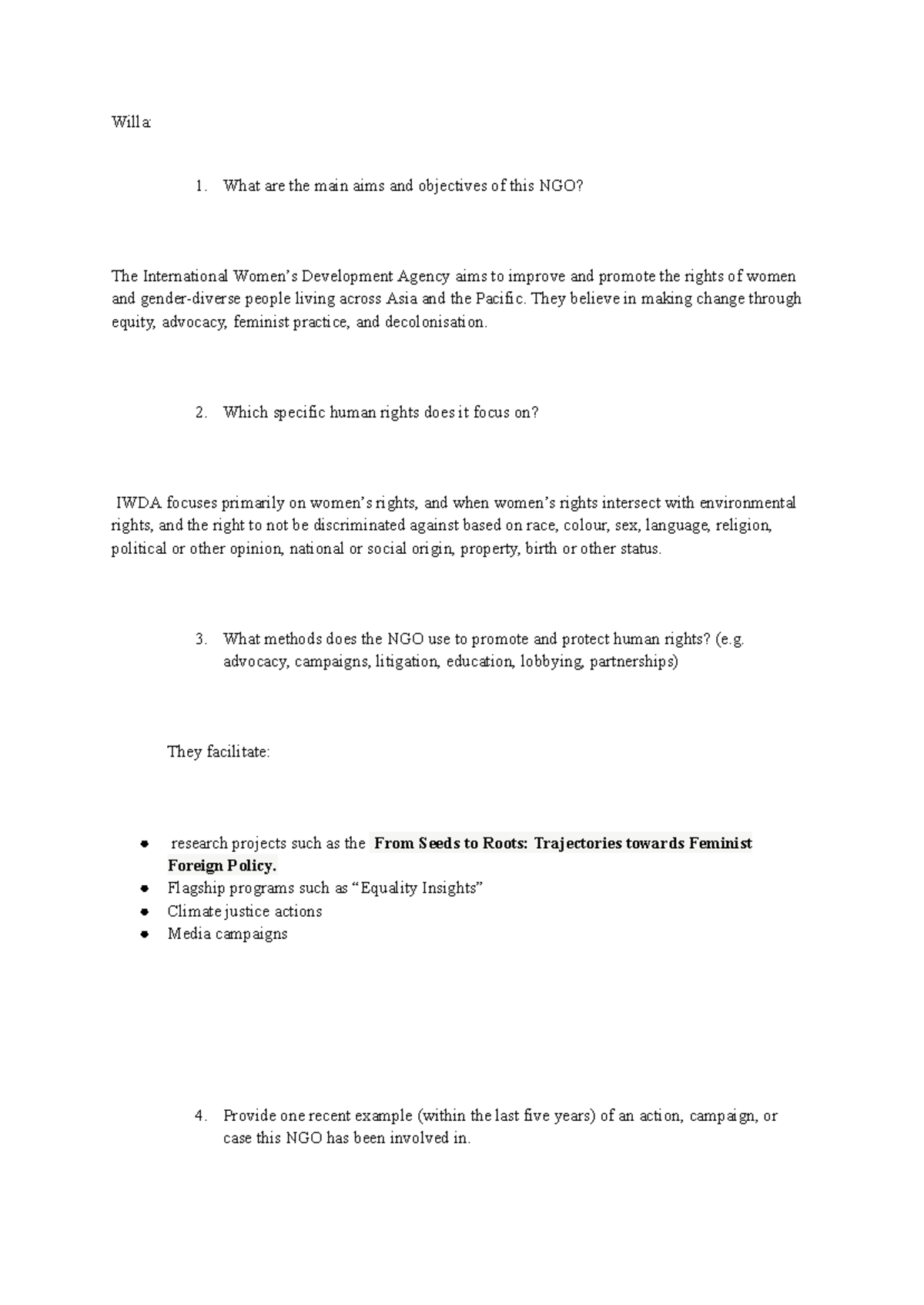 Human Rights - NGO Research Activity: IWDA's Aims & Methods - Studocu