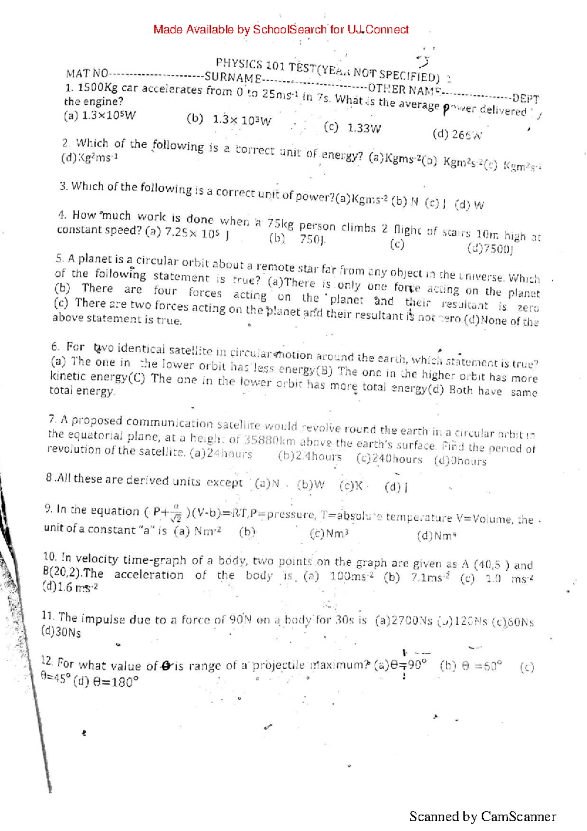 Physics 101: Test Questions and Solutions for UJ.Connect - Studocu