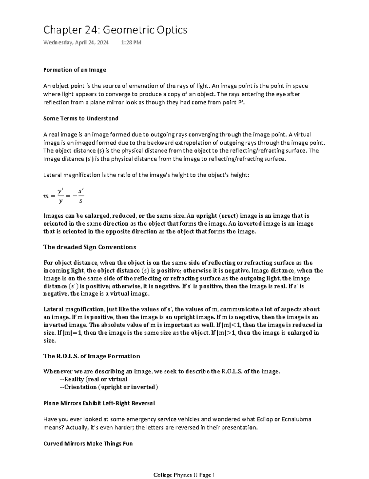 Chapter 24 Geometric Optics - Formation of an Image An object point is ...