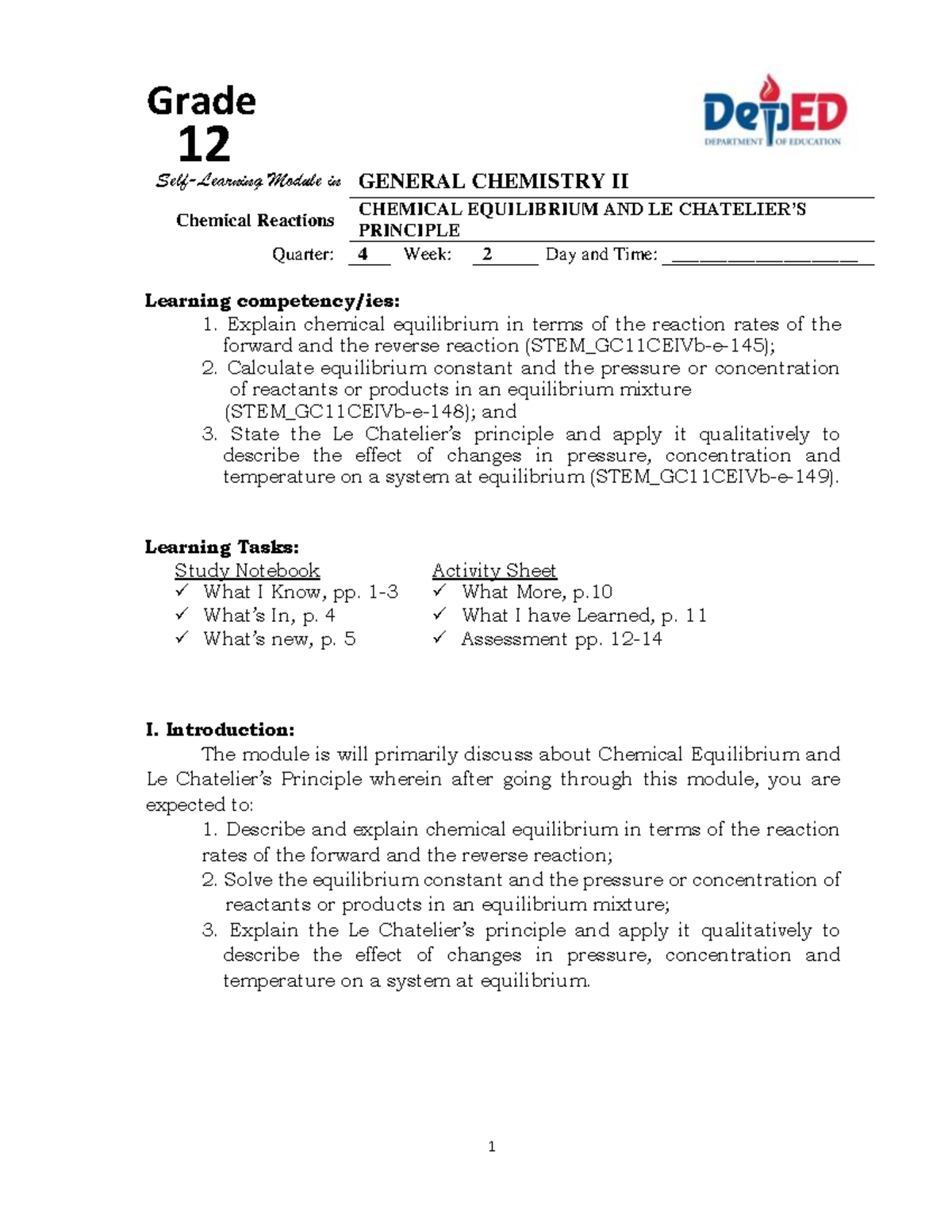 General Chemistry II (STEM_GC11CEIVb-e): Q4 W2 Module on Chemical ...