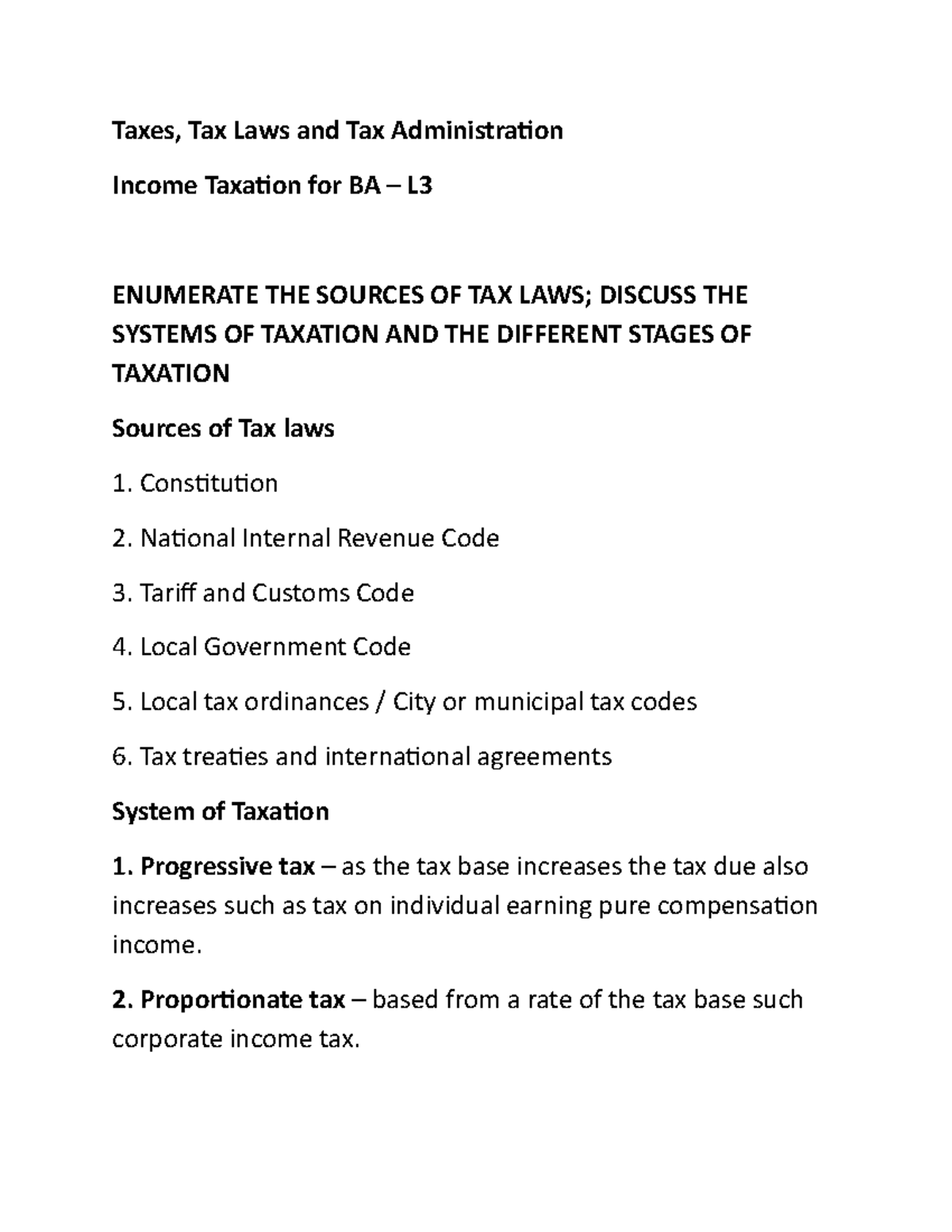 Income Taxation - 3 - Lecture notes - Taxes, Tax Laws and Tax ...