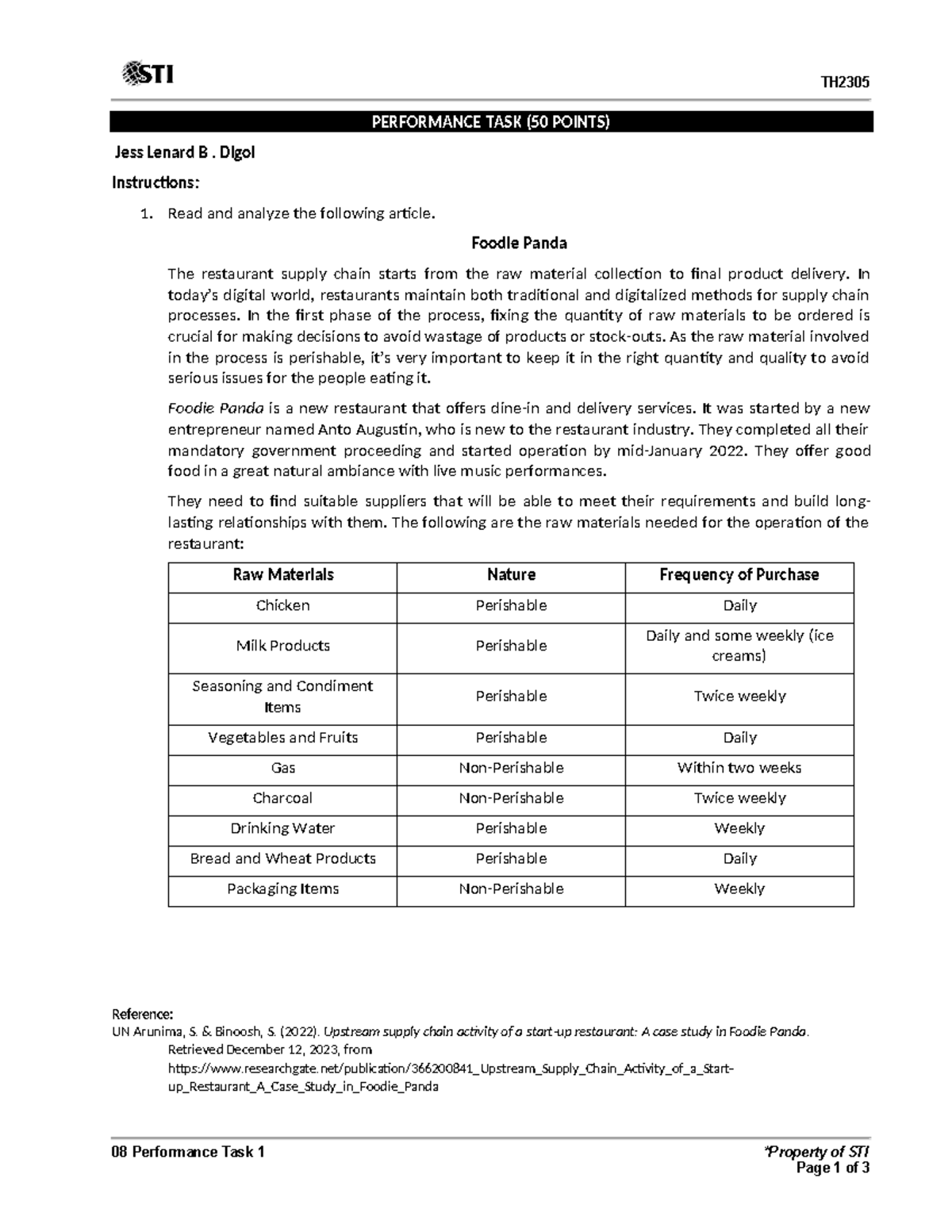 Performance Task 1: Supply Chain Strategies for Foodie Panda (STI TH ...