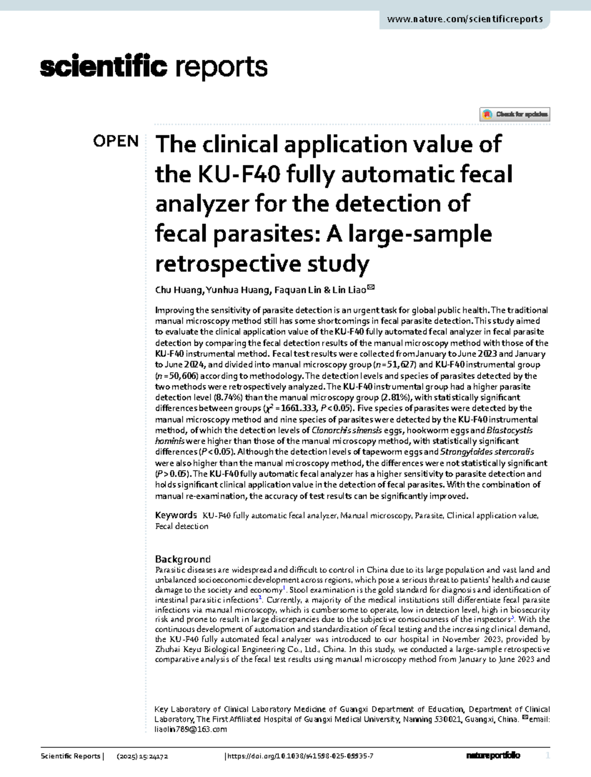 KU-F40 Final Exam: Clinical Application of Fully Automatic Fecal ...