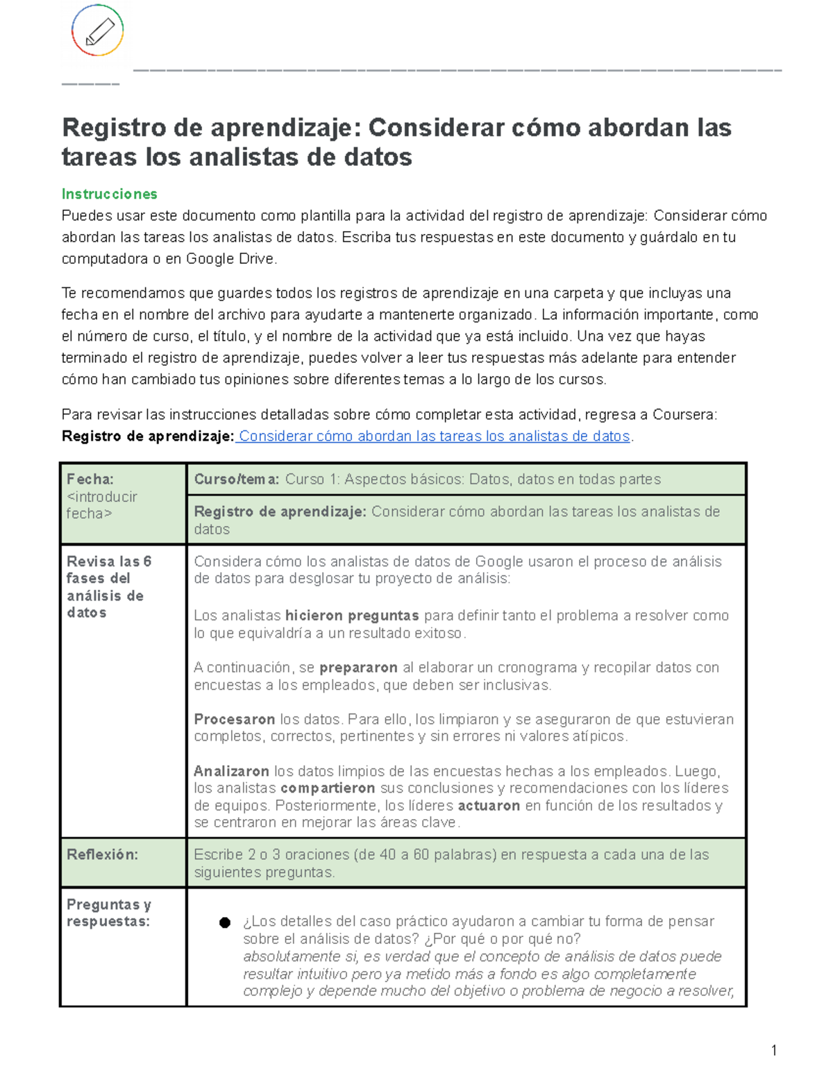 03 11 2023 DA C1M1 Learning Log Consider how data analysts approach tasks es - - Studocu