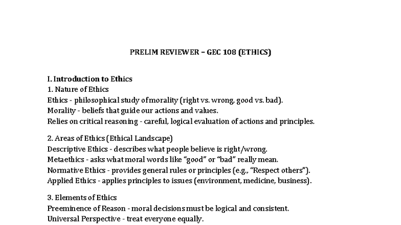 GEC 108 Prelim Reviewer: Introduction to Ethics and Moral Theories - Studocu