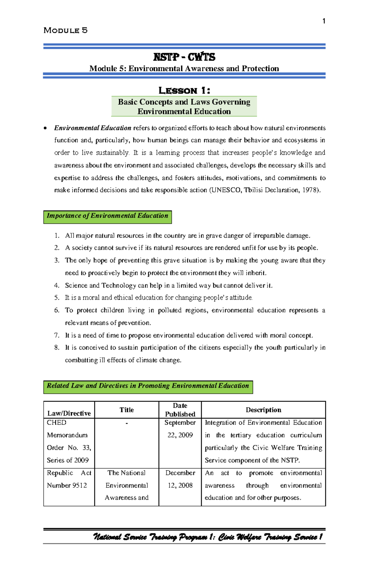 NSTP - Module 5 - Environmental Awareness and Protection - Studocu