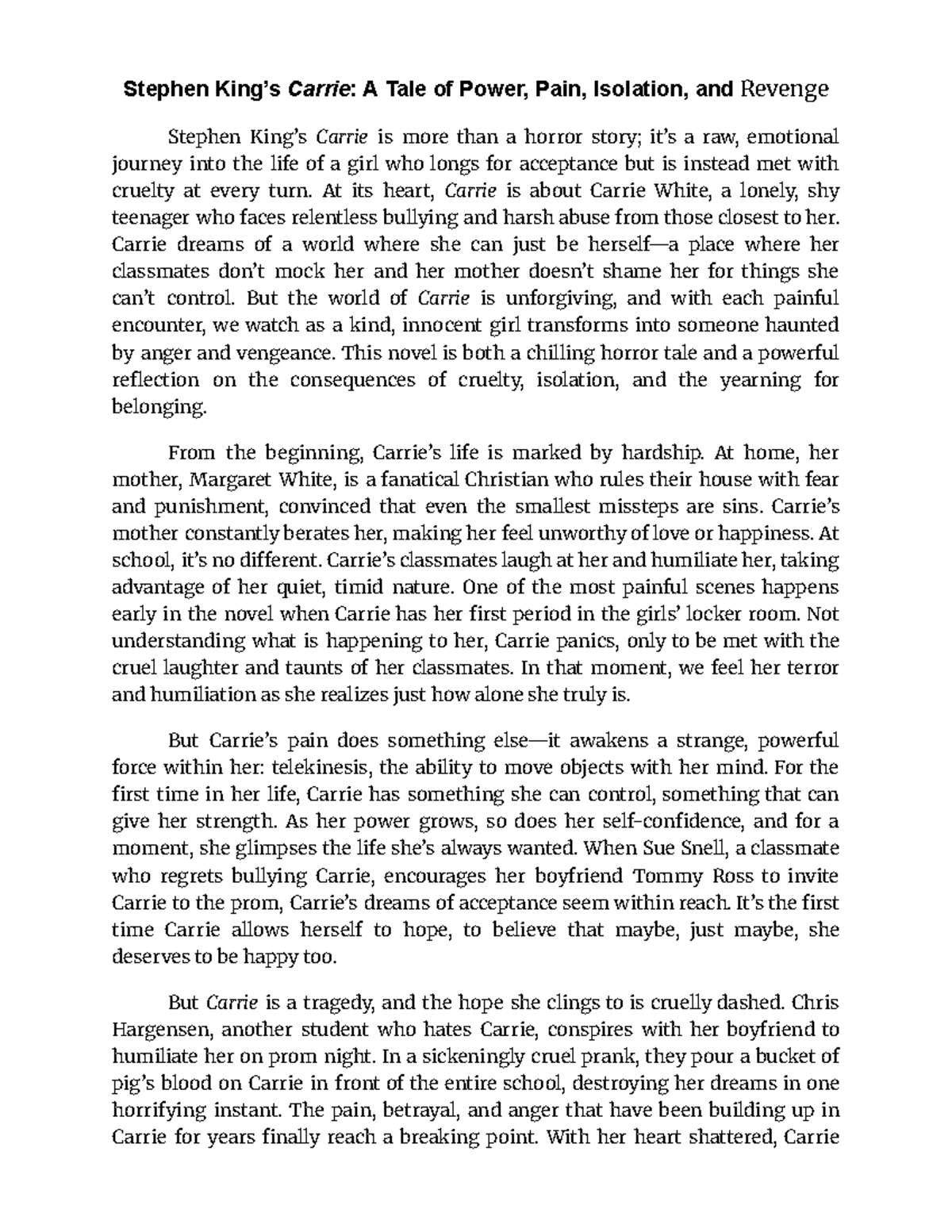 Stephen King's Carrie: Power, Pain, Isolation & Revenge Analysis - Studocu