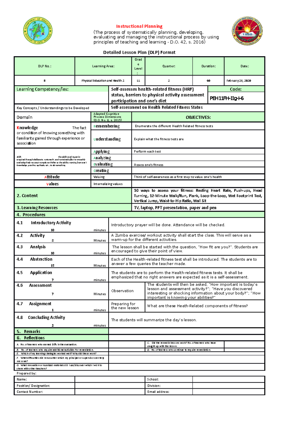 DLP 8 PE2 - Comprehensive Lesson Plans for Physical Education - Studocu