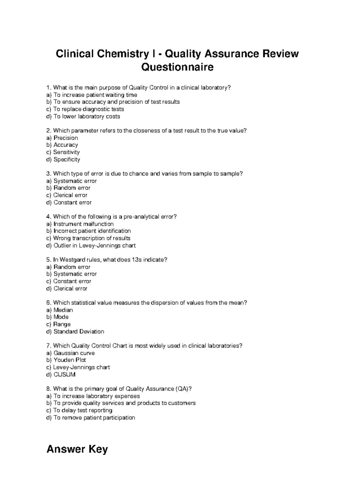 Clinical Chemistry I: Quality Assurance Review Questionnaire - Studocu
