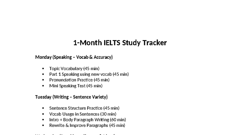 IELTS 1 Month Study Tracker: Weekly Speaking & Writing Plan - Studocu