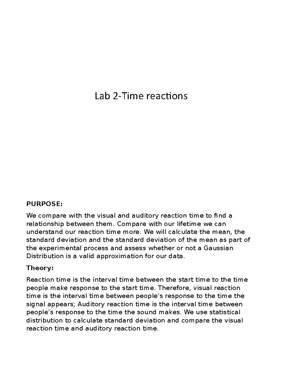 Lab 2: Comparing Visual and Auditory Reaction Times in Physics - Studocu