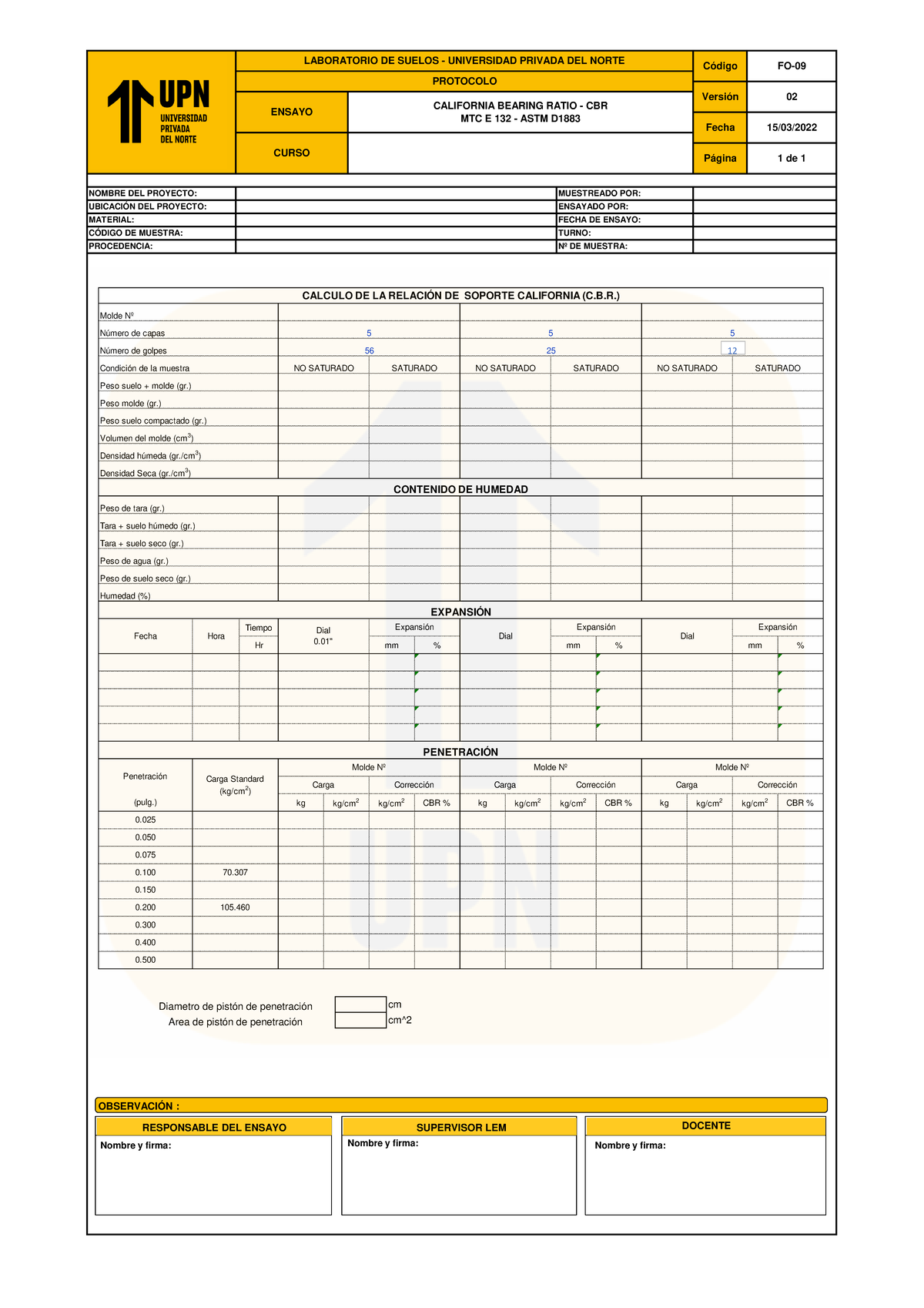 Protocolo CBR - Laboratorio de Suelos - UPN - Curso de Ensayo - Studocu