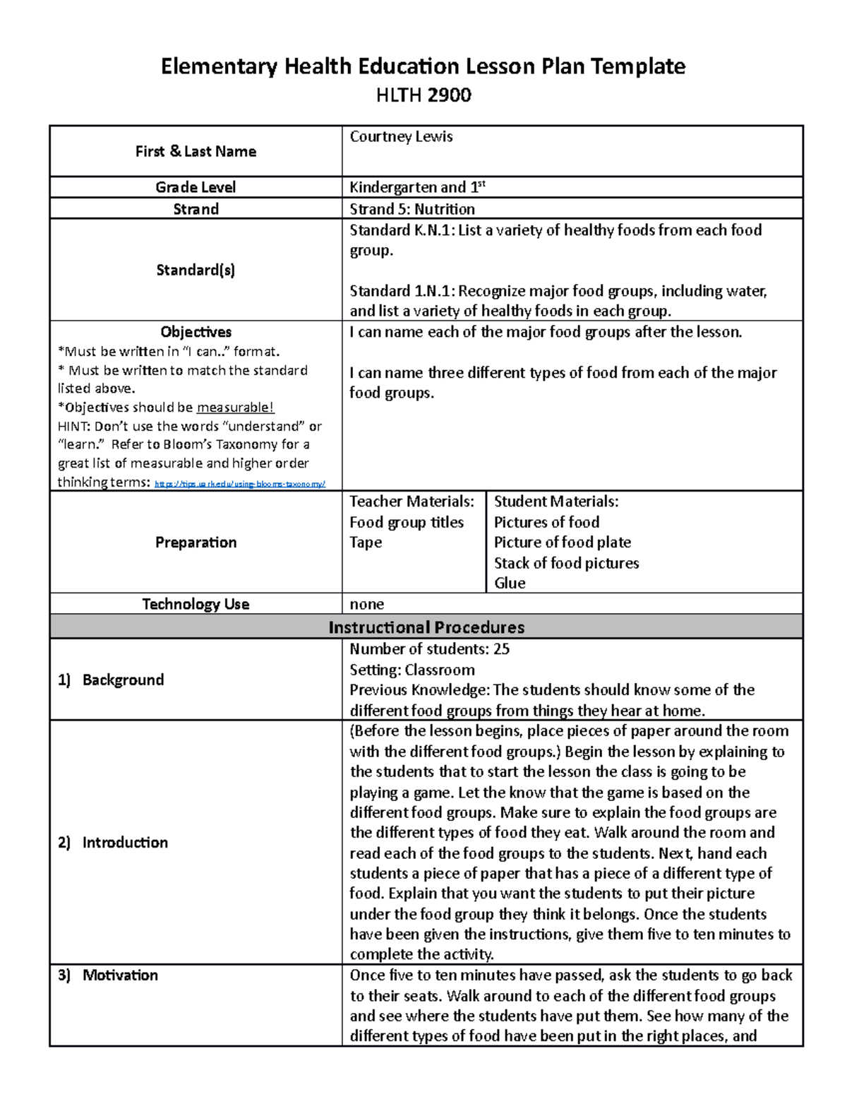 HLTH 2900 Lesson Plan Template-6 (1) - Elementary Health Education ...
