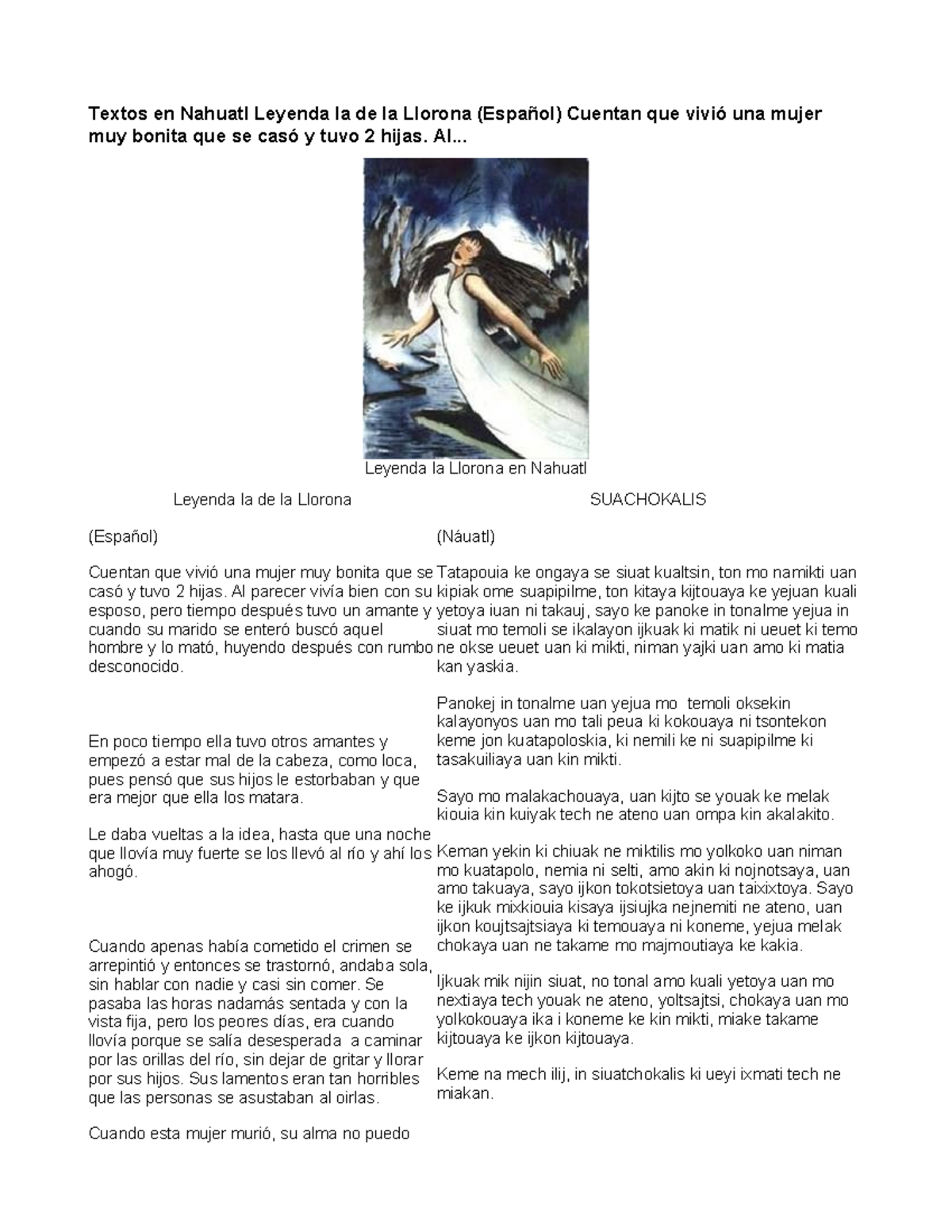 Leyenda de La Llorona en Náhuatl y Español: Análisis y Texto - Studocu