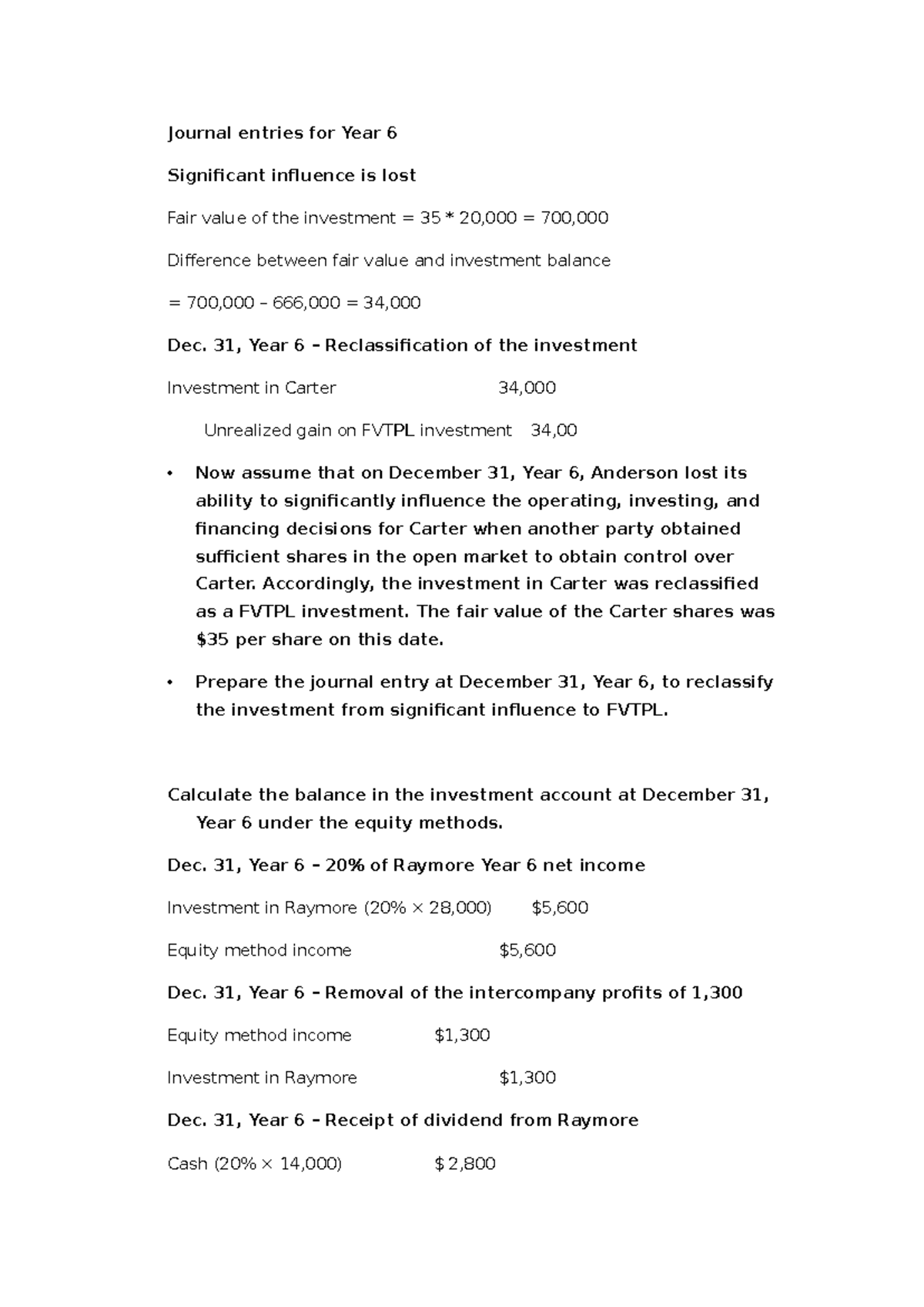 Journal Entries for Year 6: FVTPL Investment Reclassification and ...