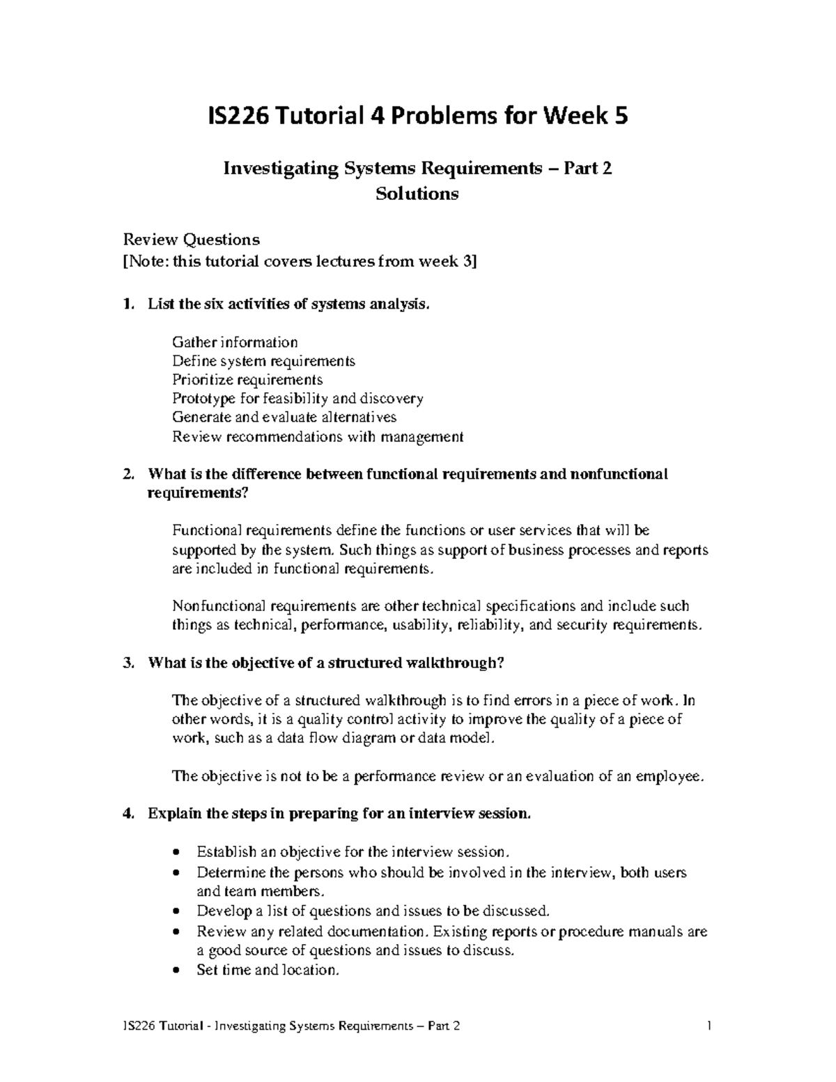 IS226 Week 5 Tutorial 4 Solutions: Examining Systems Requirements - Studocu
