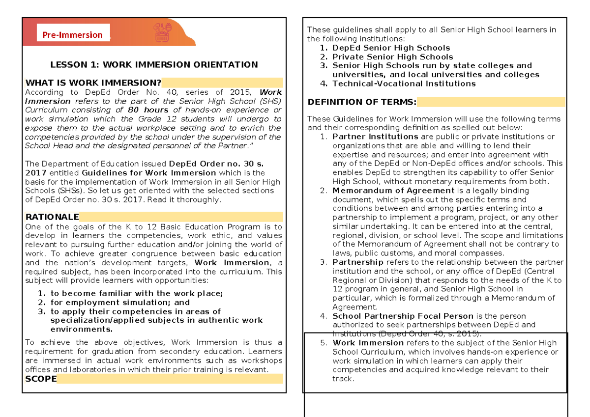 Pre-Immersion Lesson 1: Orientation for Work Immersion Program - Studocu