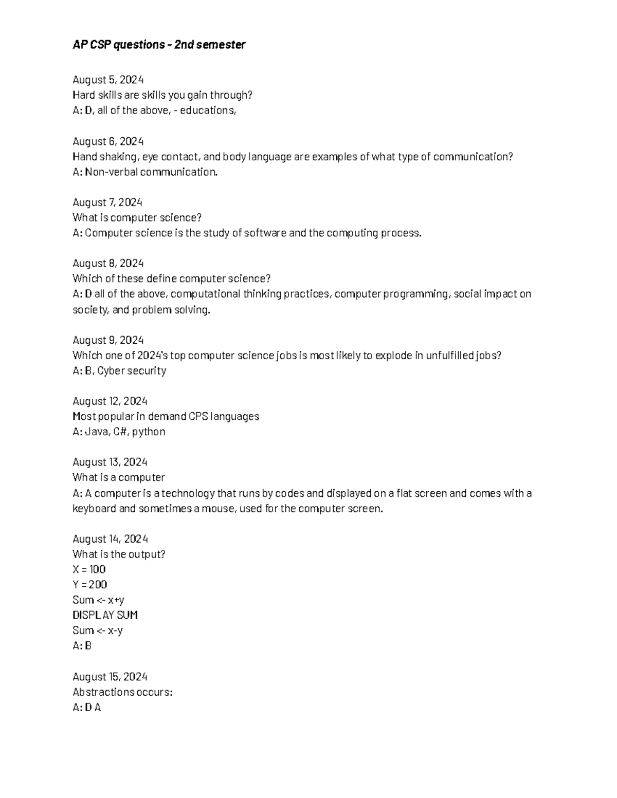AP CSP Questions: Daily Activity Responses and Key Concepts - Studocu