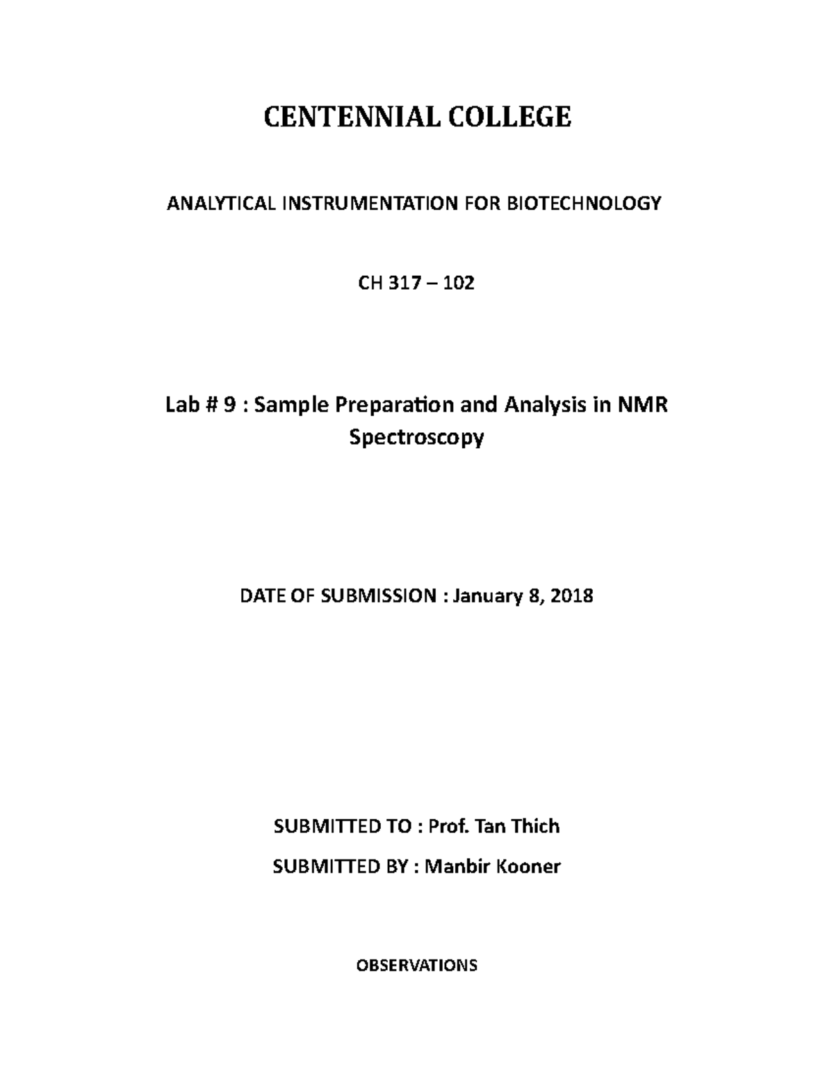 NMR Spectroscopy Analysis: CH 317 - Lab #9 Sample Preparation - Studocu