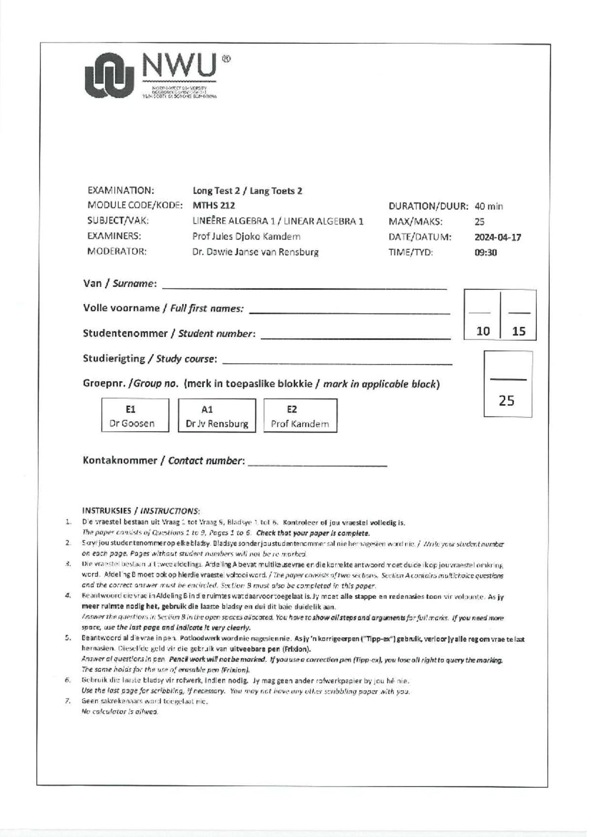 MTHS212: Long Test 2 Memo for Linear Algebra 1 Exam - Studocu