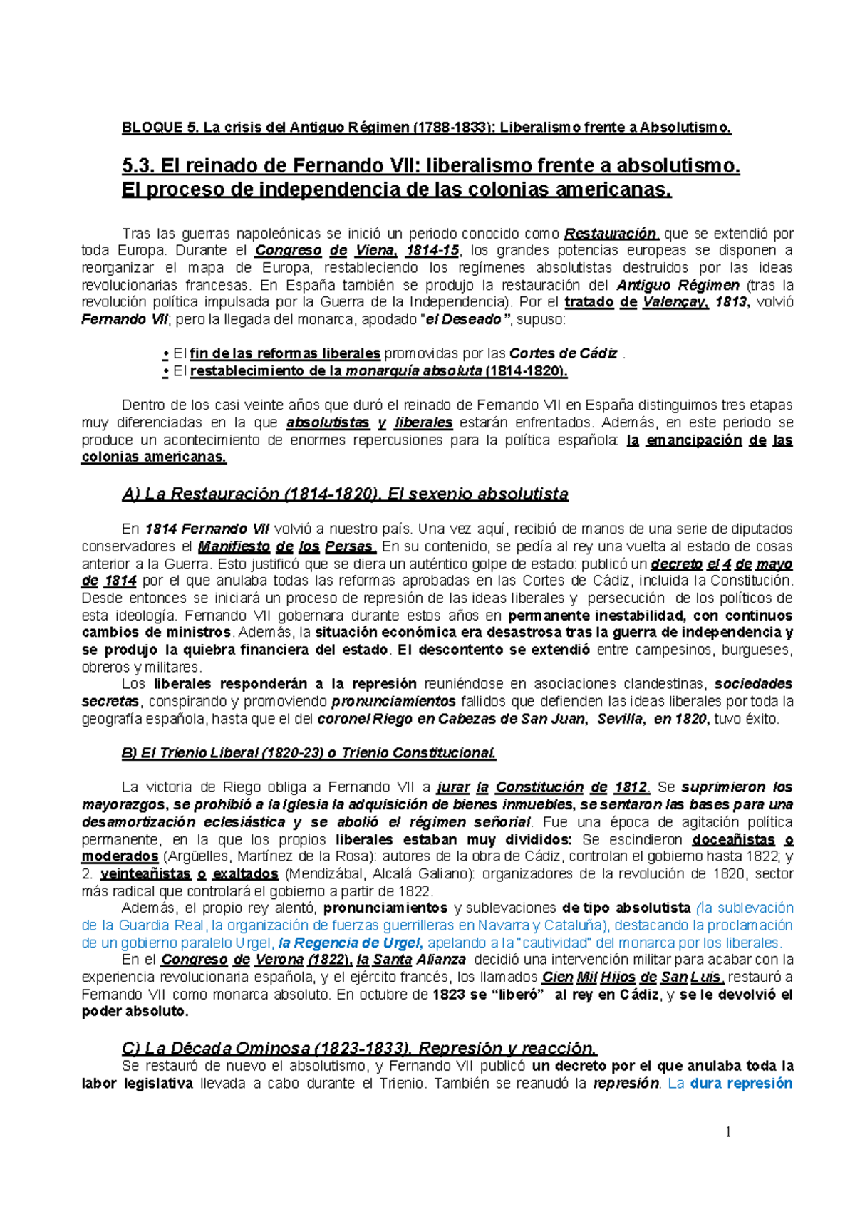 5.3. El reinado de Fernando VII. liberalismo frente a absolutismo. El proceso - BLOQUE 5. La ...