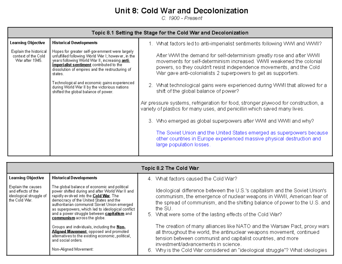 AP World History Unit 8 Study Guide - Unit 8: Cold War and ...