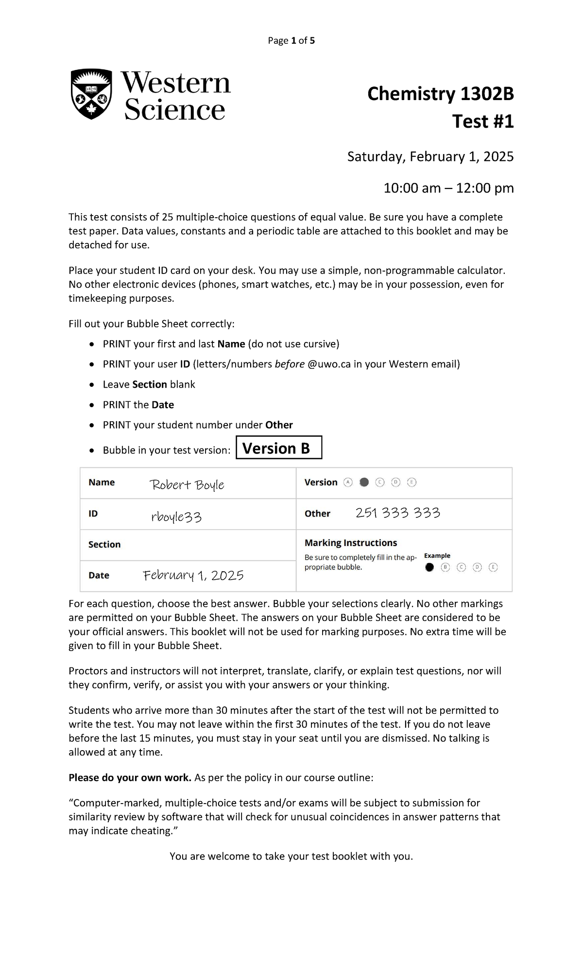 Chemistry 1302B Test 1 Cover & Formula Data Sheet - Studocu
