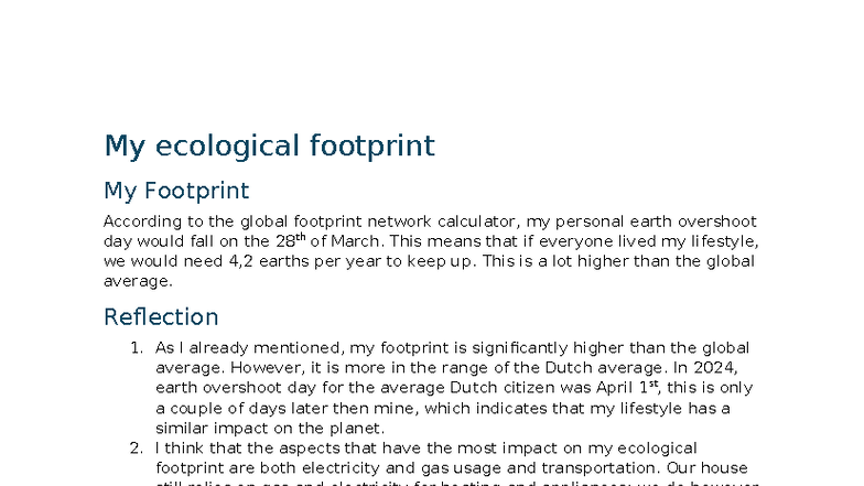 Ecological Footprint Reflection - Entry Ticket 0SV00 - Studeersnel