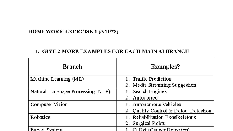 Homework 1 - AI Branches & Examples in ML, NLP, CV, Robotics - Studocu