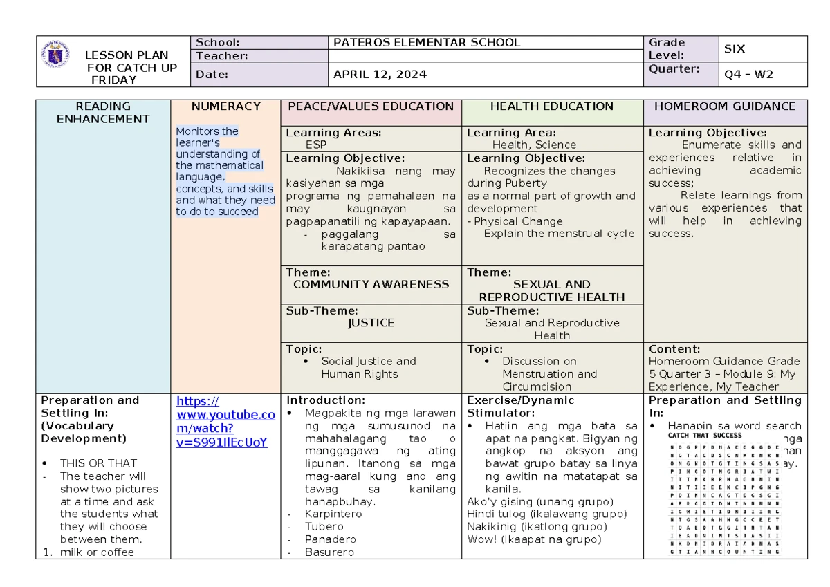 GRADE 6 Catch-Up Friday Lesson Plan: NRP Activities & Objectives - Studocu