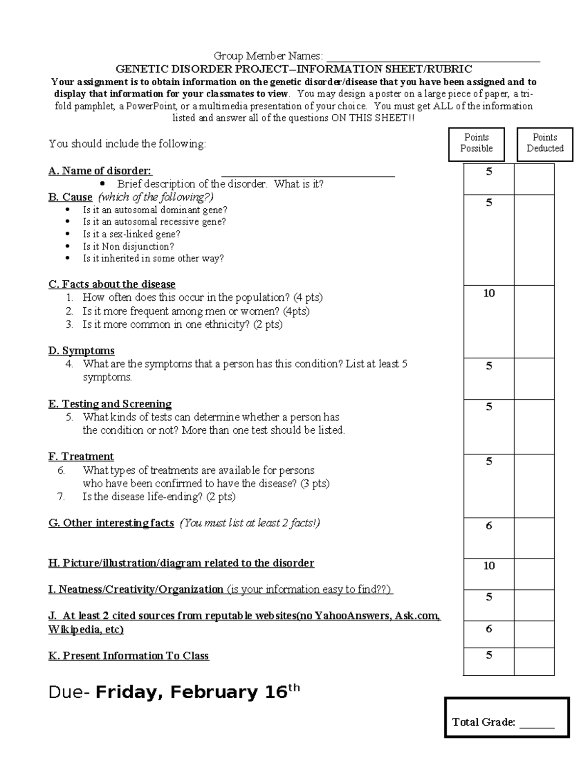 Genetic Disorder Project (BIO 101) - Assignment & Rubric Guide - Studocu