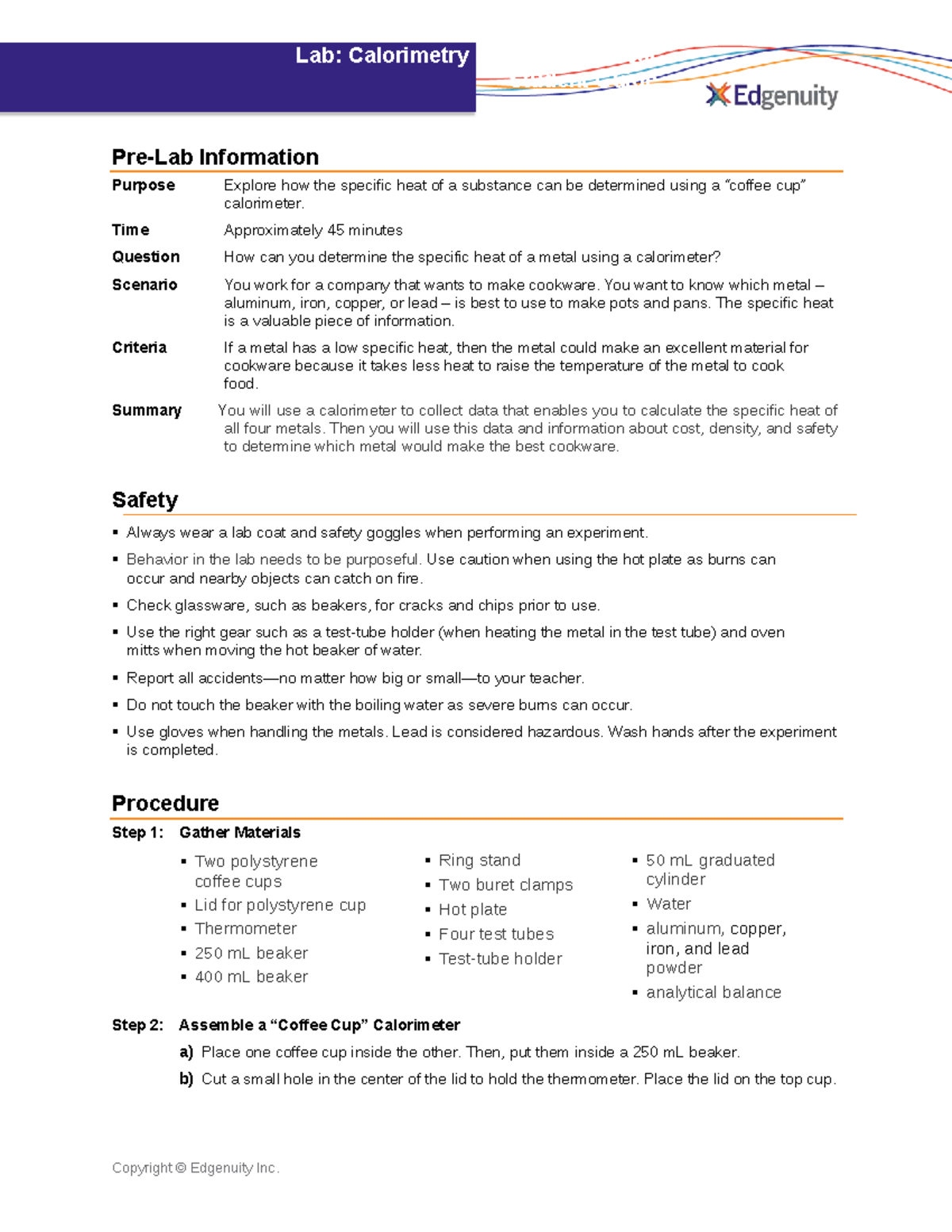 Calorimetry and Specific heat Lab Report - Copyright © Edgenuity Inc ...