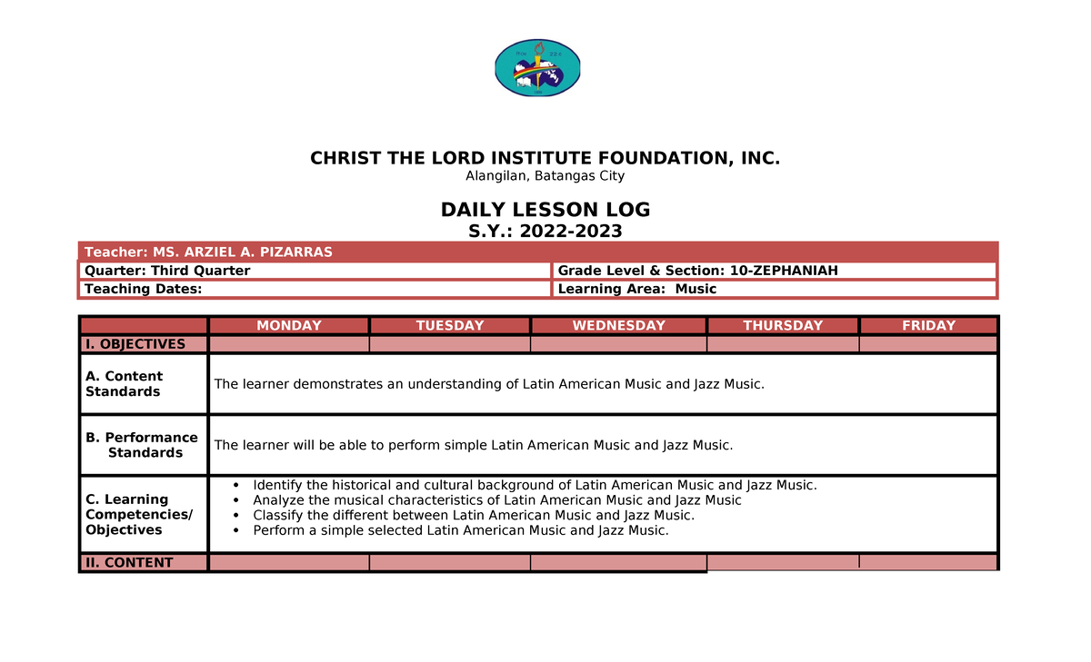 Mapeh G10 - CHRIST THE LORD INSTITUTE FOUNDATION, INC. Alangilan ...