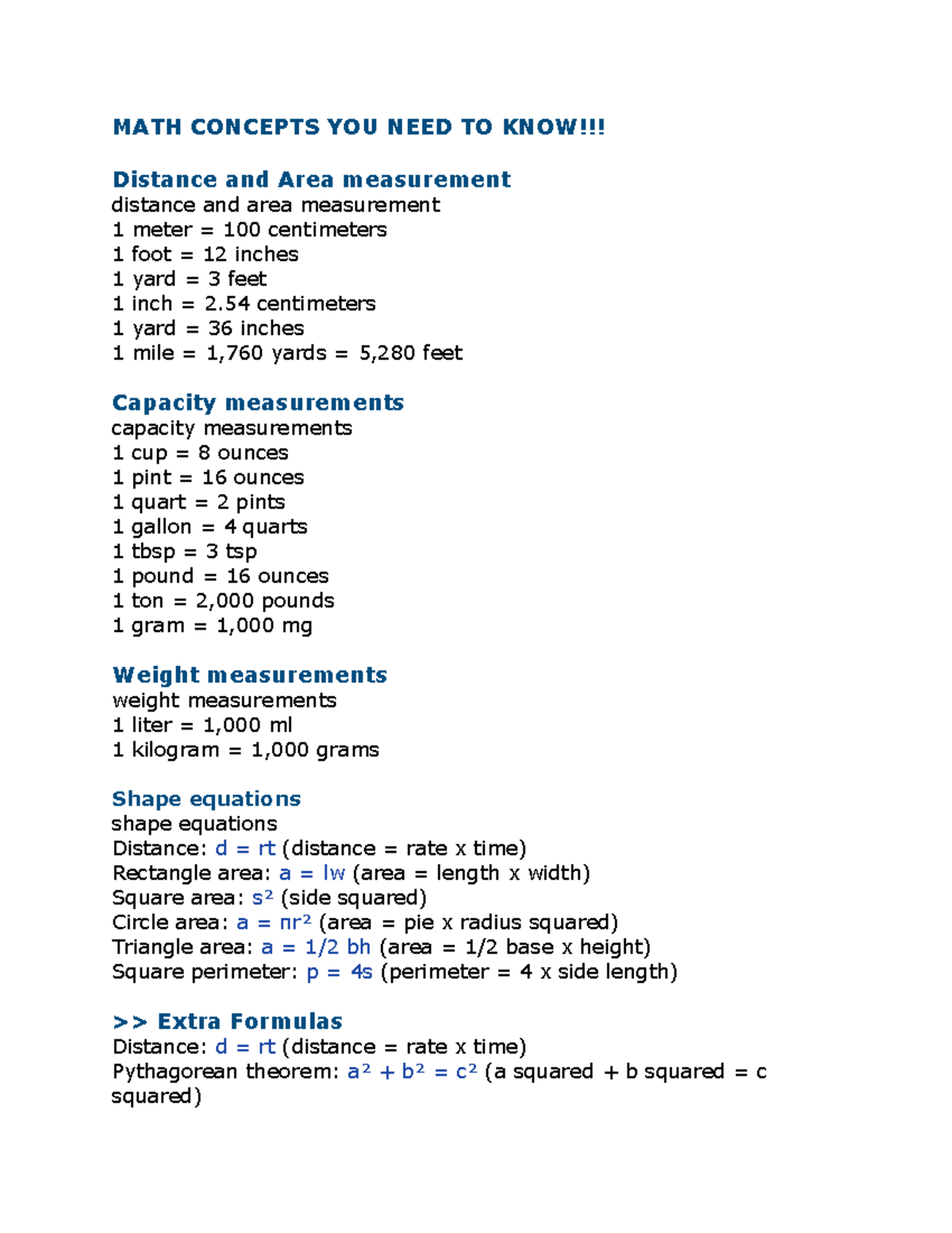MATH 101: Essential Formulas for Distance, Area, and Capacity - Studocu