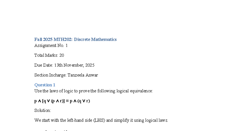 MTH202 Fall 2025: Discrete Math Assignment 1 Overview and Solutions ...