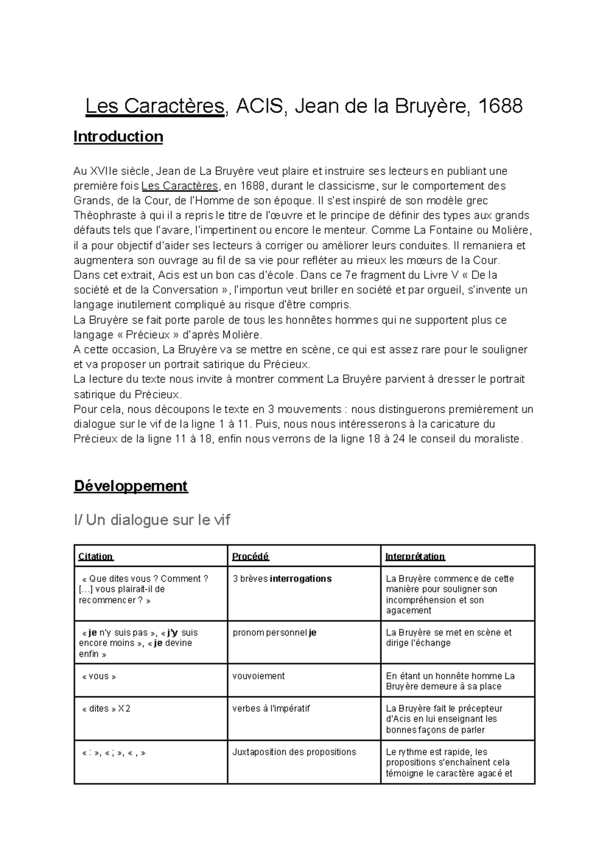 Analyse littéraire de "Les Caractères", ACIS - Jean de la Bruyère - Studocu