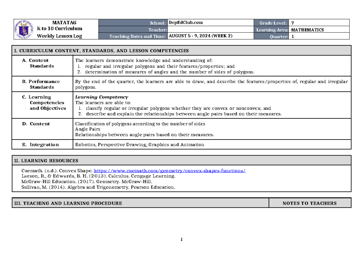 DLL Matatag MATH 7 Q1 W2 - Exploring Polygons and Angles - Studocu