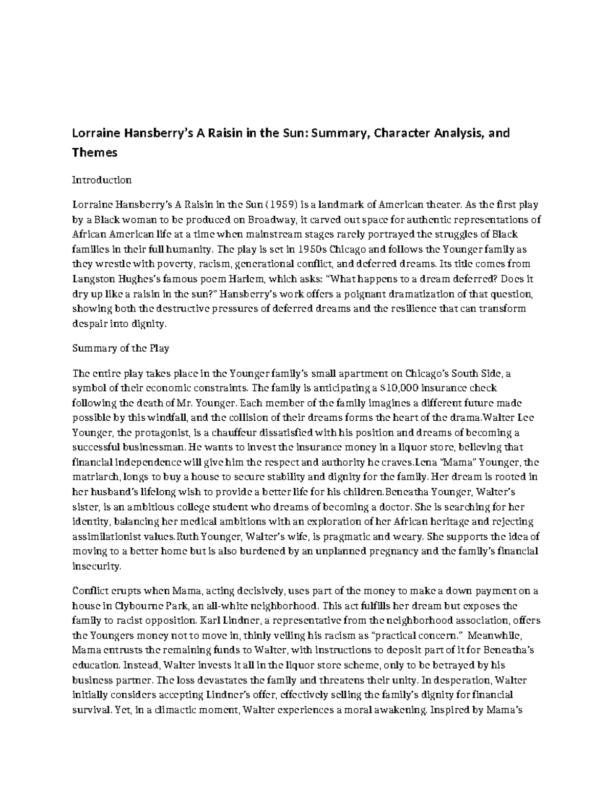 ENG 101: A Raisin in the Sun - Summary, Character Analysis & Themes ...