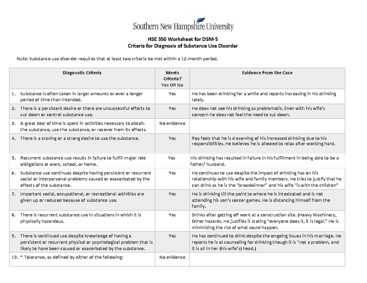 HSE 350 DSM-5 Worksheet: Criteria for Substance Use Disorder - Studocu
