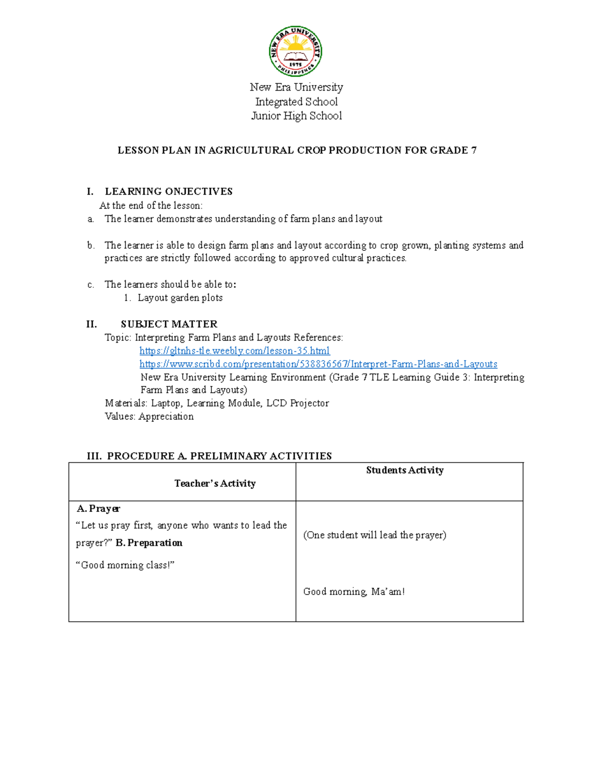 Grade 7 TLE Lesson Plan: Agricultural Crop Production on Nov 28 - Studocu
