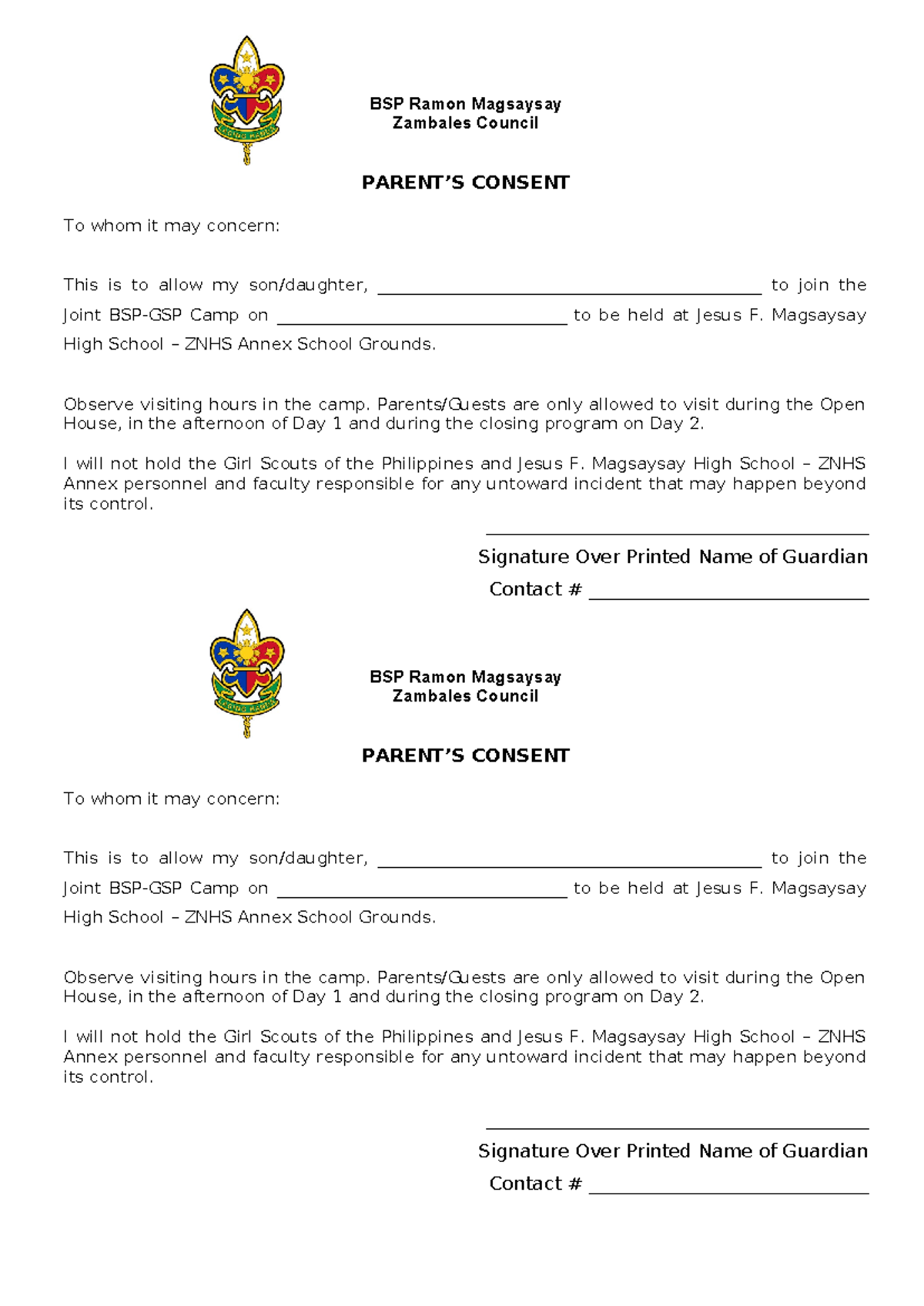 BSP Waiver for Joint Camp - Scouting Month Consent Form - Studocu