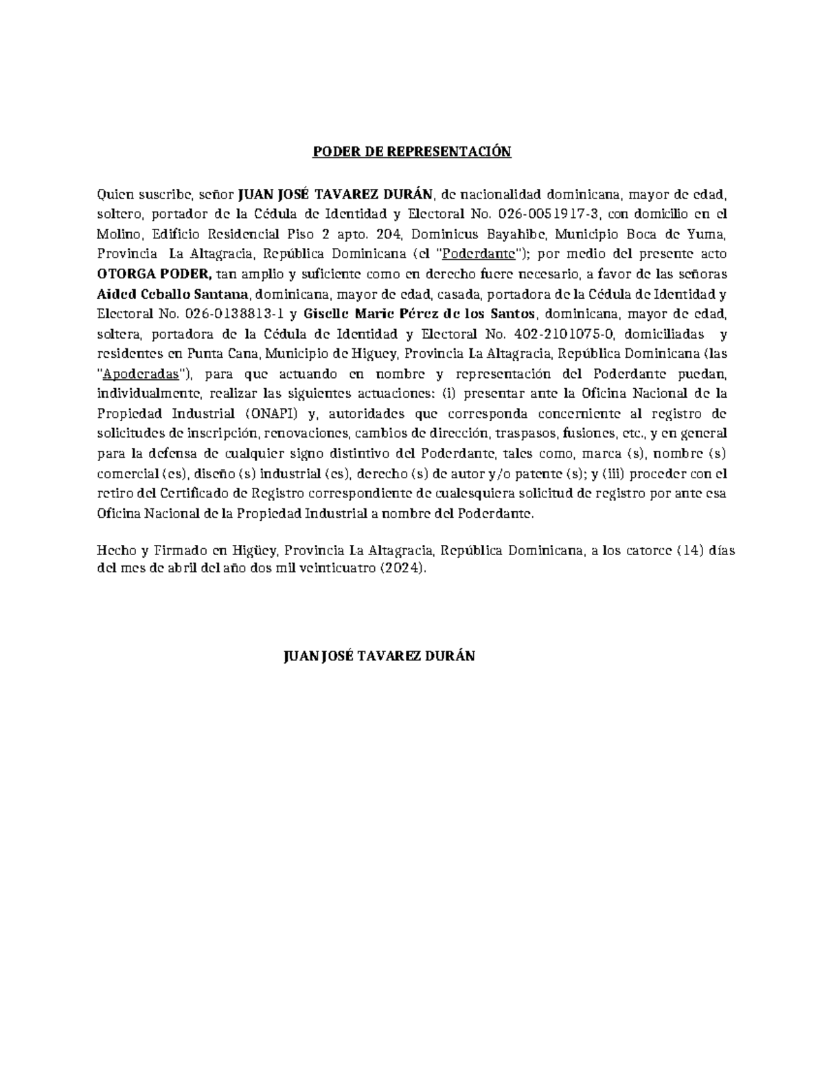 Juan Jose-Poder onapi - poder - PODER DE REPRESENTACIÓN Quien suscribe ...