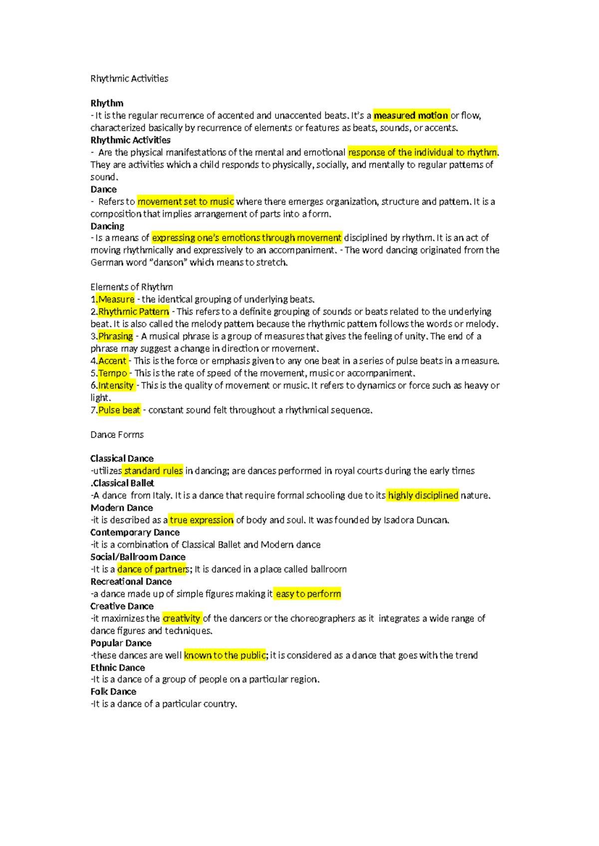 PE- Midterm Reviewer on Rhythmic Activities and Dance Forms - Studocu