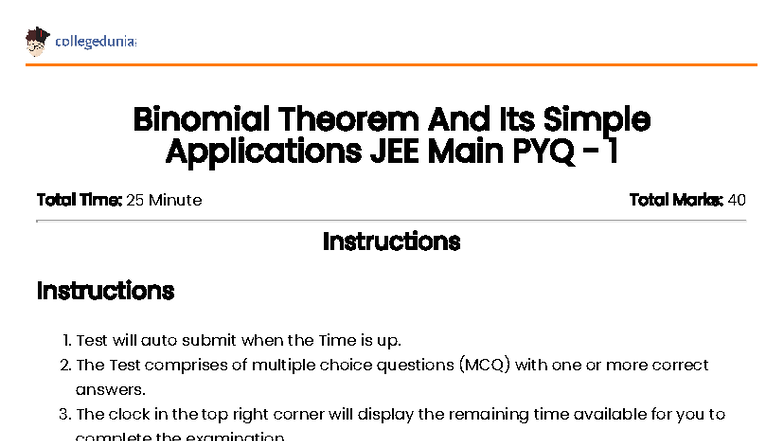 Binomial Theorem and Applications - JEE Main PYQ 1 - Studocu
