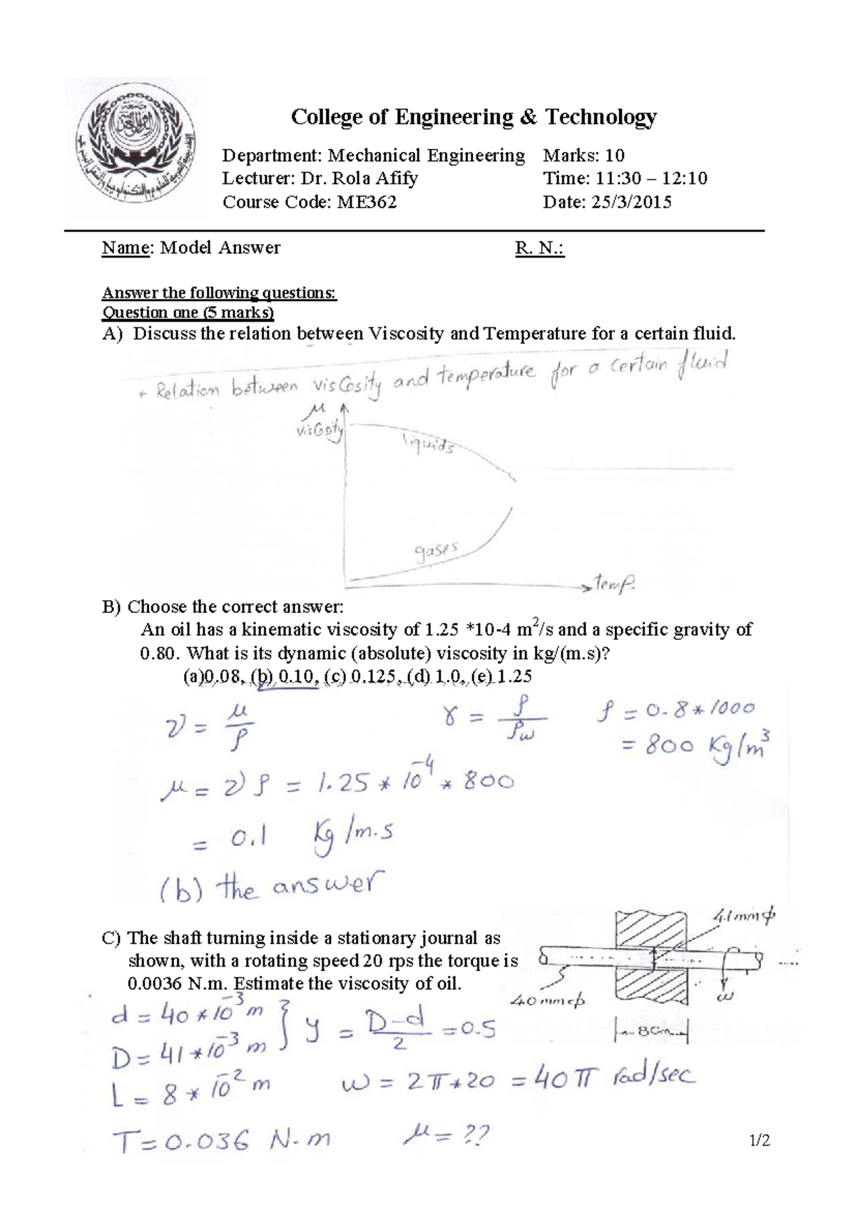 ME362 Model Answers: Viscosity & Temperature Relations - Studocu