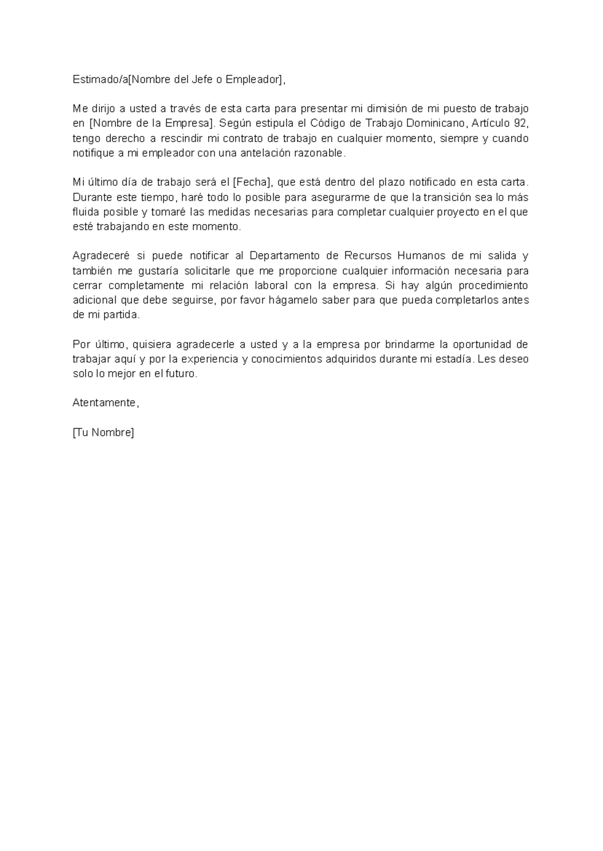 Modelo de Carta de Dimisión - Guía Práctica - Studocu